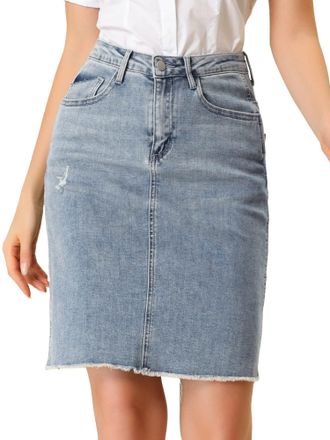 Allegra K Damen Jeansrock Knielang Hohe Taille Gerader Rock Ripped Saum R&ouml;cke Blau XL