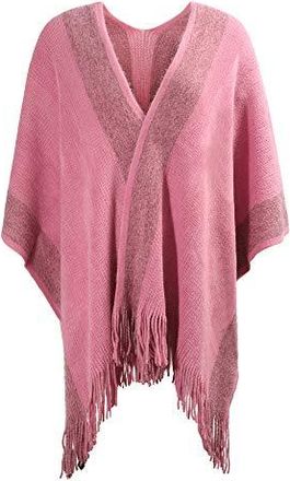 ZLYC Femmes Hiver Ouvert Cape Chaud Poncho Garniture à franges(Rose Foncé),Taille unique