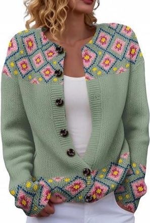 Generic fair isle - Cardigan pour femme - Pull amusant pour lautomne et lhiver - Pull ethnique rétro à manches longues ouvert sur le devant - Manteaux en tric