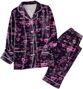 Generic Pyjama assorti pour femme pour la Saint-Valentin 2026 - Pyjama long classique boutonn&eacute; en satin avec poches, rose vif, 3XL