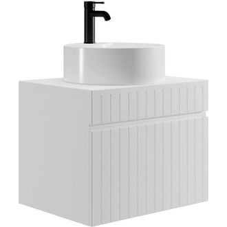 Vente-Unique Vente-Unique - Meuble de salle de bain suspendu blanc stri&eacute; 60 cm - Vasque ronde &agrave; poser en c&eacute;ramique - 1 tiroir soft close - &Eacute;co-responsable MDF