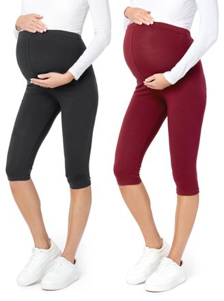 Be Mammy 3/4 Umstandsleggings Kurz aus Baumwolle Bequeme und blickdichte Schwangerschaftsleggings 2Pack Umstandsmode BE20-229 (2Pack Schwarz/Weinrot, XL)