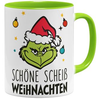 OM3 lustige Weihnachts Kaffee-Tasse mit Spruch - sch&ouml;ne schei&szlig; Weihnachten - Keramik Becher - 325ml - Beidseitig Bedruckt - Hellgr&uuml;n