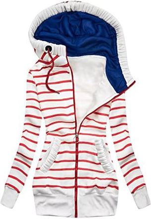 Generic Vestes pour femmes 2026 Sweat &agrave; capuche imprim&eacute; ray&eacute; d&eacute;contract&eacute; chemisier zipp&eacute; manteau veste, Rouge, 3XL