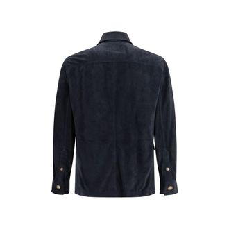 Brunello Cucinelli Mens Suede Leather Shirt Jacket Blue