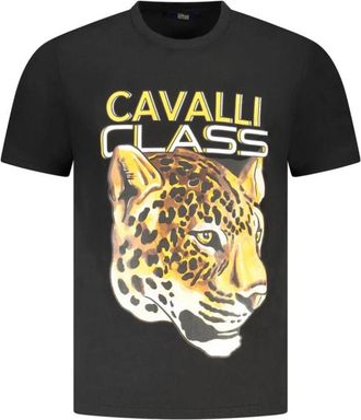 Cavalli Bedrucktes Logo Baumwoll-T-Shirt - - Tops - Herren - Schwarzk - L
