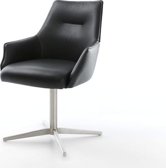 DELIFE Drehstuhl Alja-Flex mit Armlehnen Echt-Leder Schwarz Fußkreuz Edelstahl 360° drehbar Taschenfederkern, Esszimmerstühle