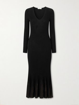 Ulla Johnson Zeda Midikleid Aus Metallic-rippstrick Mit Falten - Schwarz