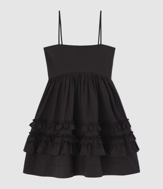 Ganni Robe Stretch Cotton Strap Frills Black