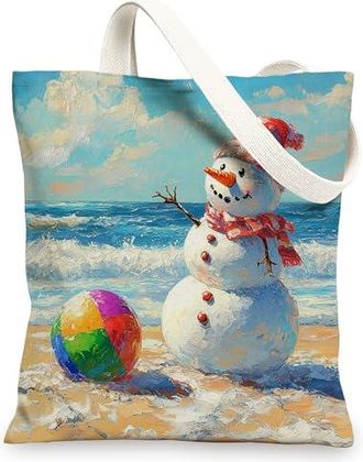 Generic Sac fourre-tout amusant en toile avec bonshommes de neige pour le shopping, 33 x 38 cm, sac r&eacute;utilisable en tissu pour femme, peinture amusante, d&eacute;cor