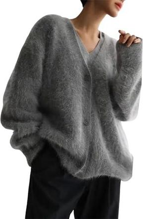 Generic Cardigan cor&eacute;en &agrave; col en V pour femme - Manches longues - Surdimensionn&eacute; - Boutons - Hauts tricot&eacute;s solides, gris fonc&eacute;, Taille XS