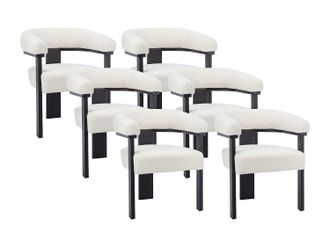 Vente-Unique Pascal MORABITO-Stuhl mit Armlehnen 6er-Set - Boucl&eacute;-Stoff & Kautschukholz - Wei&szlig; & Schwarz - LIVELIA