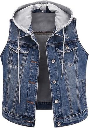 Generic Veste en jean peinte pour homme - Gilet en jean vieilli sans manches amovible à capuche pour femme - Veste dautomne, bleu, XXL