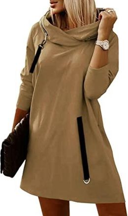 ORANDESIGNE Robe Pull Courte Femme Hiver Chic Sweat À Capuche Zippé Hoodie Sweatshirt Robe Tunique Manche Longue Hoody Hooded Sweat Kaki XL