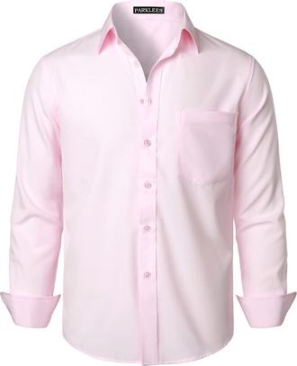 PARKLEES Herrenhemd, normale Passform, einfarbig, knitterfrei, lang&auml;rmelig, l&auml;ssige Gesch&auml;ftshemden mit Knopfleiste und Tasche, rose, XXL