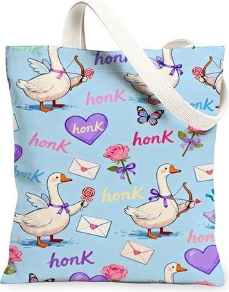 Generic Sacs fourre-tout amusants en toile de canard avec imprim&eacute; animal mignon, sacs &agrave; provisions r&eacute;utilisables, l&eacute;gers et lavables avec bandouli&egrave;re, bleu, 1