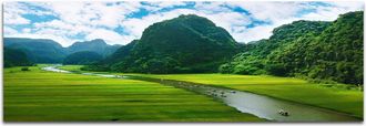 Paul Sinus Art Panoramabild auf Leinwand und Keilrahmen 120x40cm Vietnam Reisfeld berge Fluss Boote Wolken