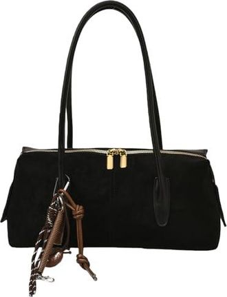 Generic Sac &agrave; bandouli&egrave;re en cuir synth&eacute;tique givr&eacute; avec pendentif, style d&eacute;contract&eacute;, couleur unie, style Boston, Noir, 13.58x5.91x3.94inch