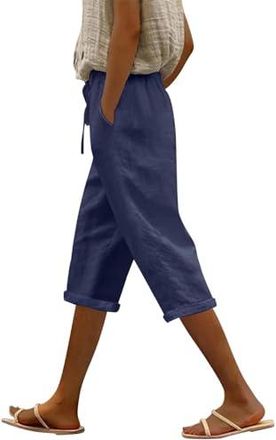 Generic Pantalon en coton et lin pour femme - Jambe large - Pantalon de plage d&eacute;t&eacute; pour femme - Confortable - Pantalon de yoga Palazzo XIYU26012, bleu marine,