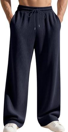 Generic Pantalon d&eacute;contract&eacute; pour homme, taille &eacute;lastique, cordon de serrage, l&eacute;ger, textur&eacute;, pantalon long, printemps, &eacute;t&eacute; et automne, jambe droite, coupe am