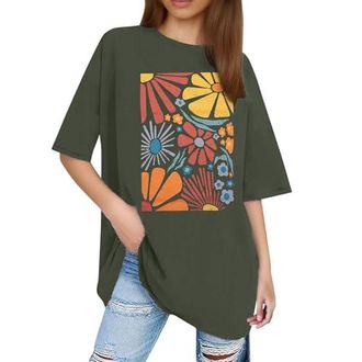 Generico T-shirt à manches courtes pour femme Oversize vintage avec col rond imprimé lettres chemisier dété en coton avec noeud floral T-shirt décontracté et a