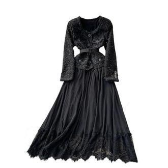 Generic Robe trapèze à col rond pour femme - Simple boutonnage - Manches longues - Élégante et décontractée, Noir, S