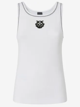 Pinko Womens Tank Top Ribbed With Love Birds Embroidery White Cotton