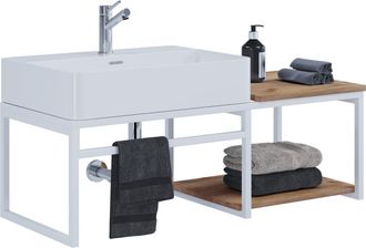 VCM 2-TLG. Waschplatz Waschtisch Badm&ouml;bel Set Waschbecken Holz Metall Industrial Style Bitila 100