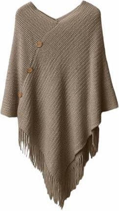 Generic Poncho Femme Hiver Chaud Chale Femme Hiver Chaud Cape Femme Effet enveloppant Ch&acirc;le Tricot&eacute; Ajour&eacute; Boutons Franges L&eacute;ger Superposition Douce