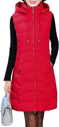 Generic Gilet matelass&eacute; sans manches &agrave; capuche pour femme avec fermeture &eacute;clair et ourlet &agrave; cordon de serrage, Rouge, 5XL
