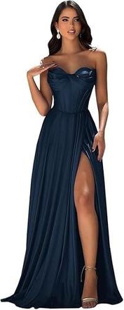 Generic Robes de bal en satin longue sans bretelles avec poches, corset trap&egrave;ze, robes de soir&eacute;e formelles avec fente, bleu marine, 10XL Grande taille