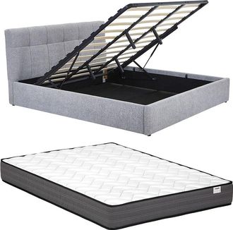 Vente-Unique Bett mit Bettkasten - 180 x 200 cm - Boucl&eacute;-Stoff - Grau + Matratze - MAZIRI