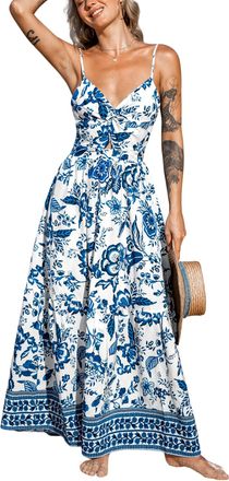 Cupshe Damen Kleid V Ausschnitt Twist vorne Blumendruck Verstellbares Cami Maxikleid Freizeitkleider Boho Beach Maxi Dress Blaugrünes Blumen XL