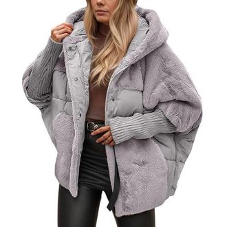 Generic Doudoune surdimensionn&eacute;e pour femme, veste en duvet polaire l&eacute;g&egrave;re &agrave; capuche patchwork manteaux dhiver chauds, gris, XXL