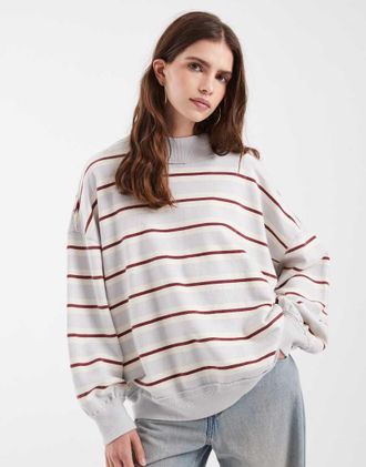 Free People Palm Spring sweat-shirt coupe carr&eacute;e &agrave; col montant &agrave; rayures bleu et marron-Multicolore
