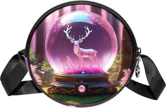 Generic Sac &agrave; bandouli&egrave;re rond rond pour femme, motif cerf, boule de cristal, petit sac &agrave; bandouli&egrave;re avec fermeture &eacute;clair, bretelles r&eacute;glables, d&eacute;contract&eacute; 