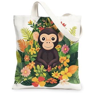 Generic Sac fourre-tout en toile de singe printanier pour le shopping, 33 x 38,1 cm, sac d&eacute;picerie r&eacute;utilisable avec motif imprim&eacute; de plantes, fleurs, animaux