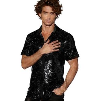 Generic Chemise habill&eacute;e pour homme &agrave; paillettes &agrave; manches courtes et col &agrave; revers - Chemise boutonn&eacute;e scintillante - Coupe d&eacute;contract&eacute;e et confortable - V&ecirc;te