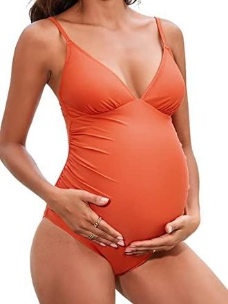 Cupshe Maillot de bain de maternité pour femme - Maillot de bain une pièce - Maillots de bain de grossesse - Bretelles spaghetti froncées et réglables, Orang