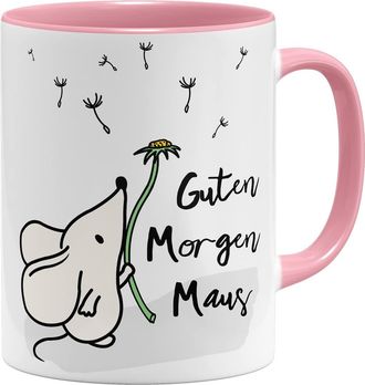 OM3 Guten Morgen Maus Tasse mit Spruch Statement - Keramik Becher - 325ml - Beidseitig Bedruckt - Rosa