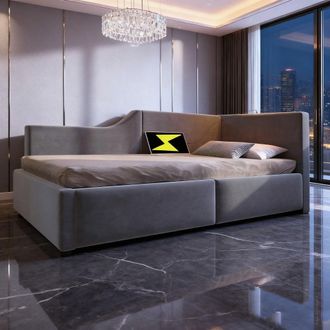 Generic Multifunktionales Daybed mit Hydraulik-Stauraum und Smart-Funktionen, 90x200 cm Schlafsofa mit Leselicht, USB-C-Ladung und Holzlattenrost in Samt Grau