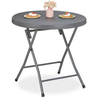 Relaxdays Gartentisch, klappbar, HxD: 74 x 80 cm, Rattanoptik, Kunststoff & Stahl, wetterfest, runder Balkontisch, grau - Relaxdays