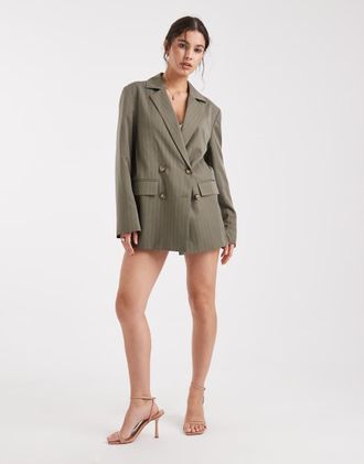 Miss Selfridge Blazer densemble ample oversize &agrave; boutonnage crois&eacute; - Kaki &agrave; rayures fines-Multicolore