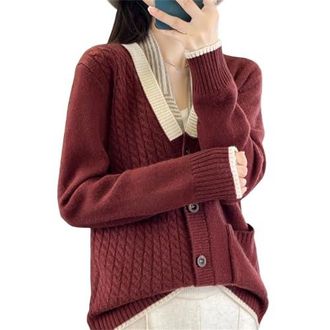 Generic Cardigan dhiver 100 % laine pour femme - Pull &eacute;pais tricot&eacute; &agrave; manches longues - Haut basique d&eacute;contract&eacute;, Sauce rouge, Taille XS
