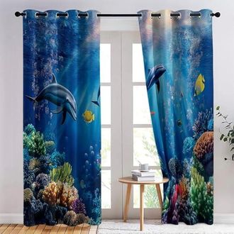 Generic Rideaux Bleu occultants à Isolation Thermique avec Motif de Animaux sous-Marins Fantastiques Occultant Isolants Thermique Anti Froid Rideau 85L X 200H