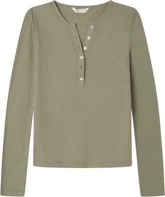 Springfield Damen Henley Long Sleeve T-Shirt Langarmshirt, kaki, Medium