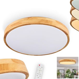 HOFSTEIN LED Deckenleuchte Sofo, Deckenpanel aus Metall/Kunststoff/Bambus in Weiß/Natur, dimmbare Leuchte im Boho-Design (Ø 50cm), Fernbedienung, Kelvin einste