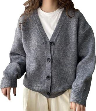 Generic Cardigan dhiver &eacute;pais d&eacute;contract&eacute; &agrave; col en V de couleur unie &agrave; manches longues pour femme, Gris fonc&eacute;, taille unique