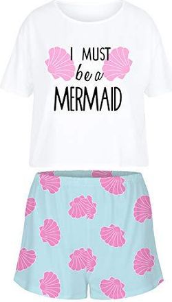 Ocean Plus Femme Ensemble Pyjama dété à Manches Courtes Décontracté Deux Pièces Costume Combinaison de Nuit et Short Impression Numérique Homewear (XL (EU), Sirè