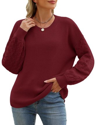 Heekpek Damen Pullover Herbst Winter Elegante Rundhals Langarm Strickpullover Warme Weich Winterpullover Damenpullover Lose Strick Pullover, Burgund, XL
